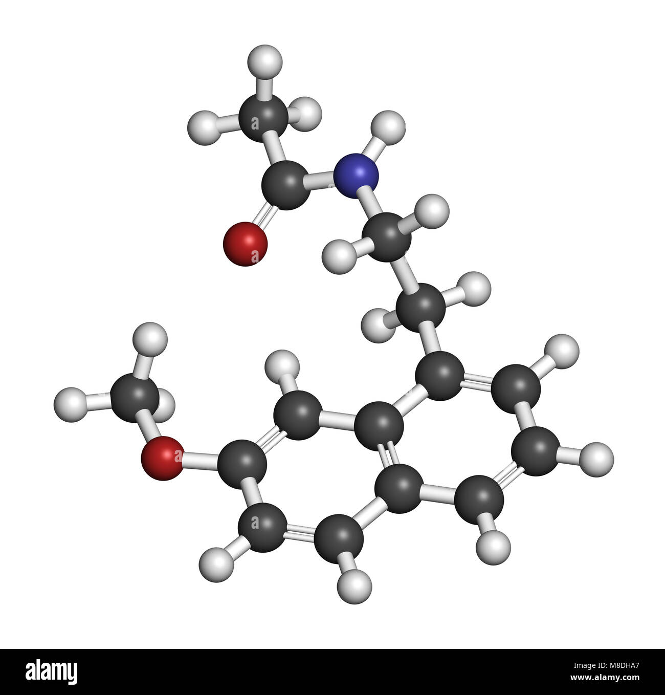 Agomelatine antidepressant drug molecule. 3D rendering. Atoms are ...
