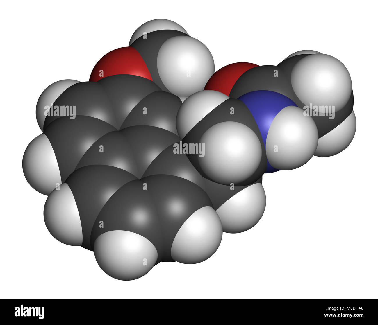 Agomelatine antidepressant drug molecule. 3D rendering. Atoms are ...