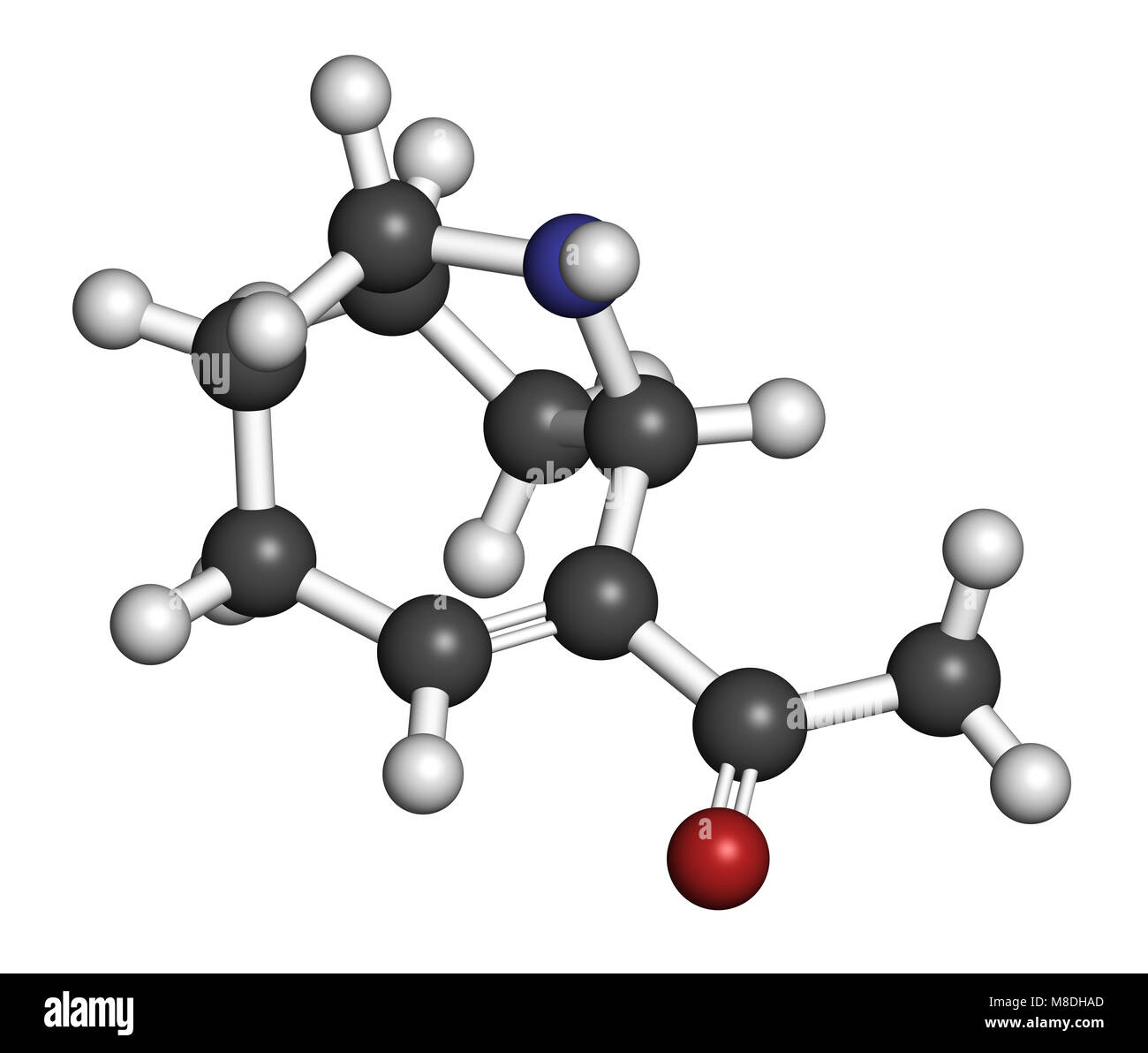 Anatoxin-a (very fast death factor, VFDF) molecule. 3D rendering. Atoms ...
