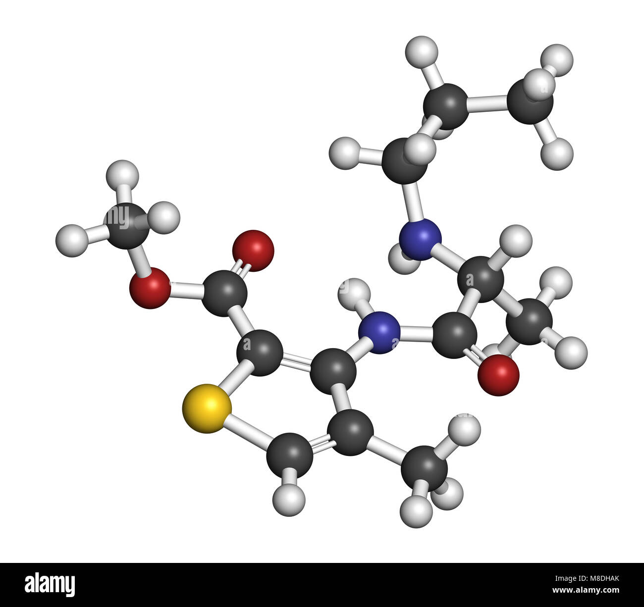 Articaine local anesthetic drug molecule. 3D rendering. Atoms are ...