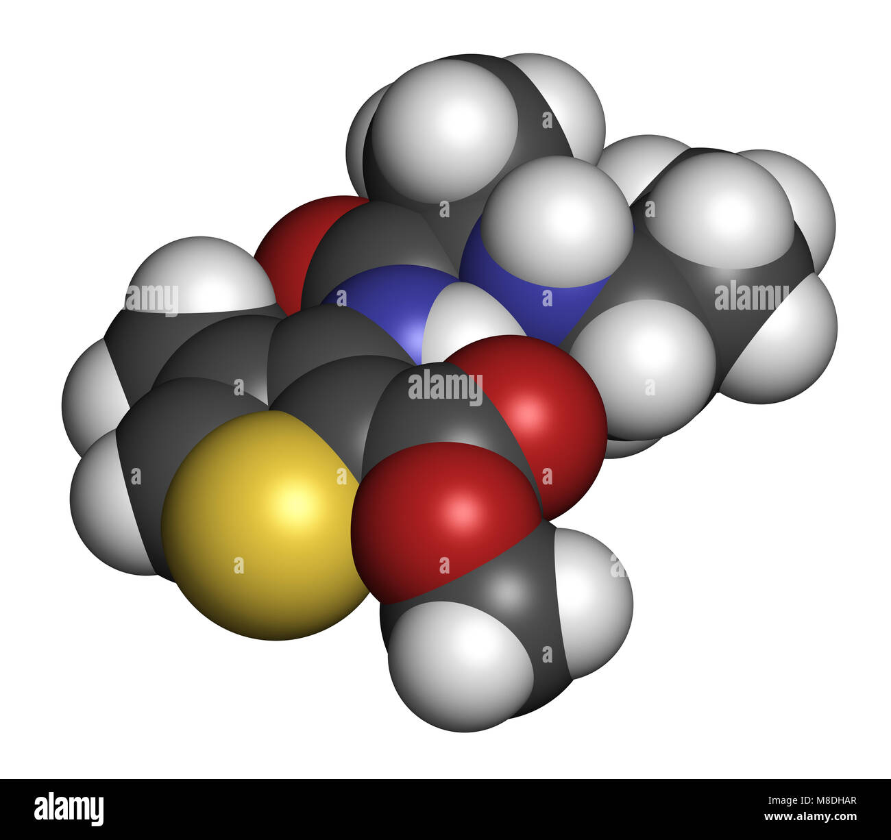 Articaine local anesthetic drug molecule. 3D rendering. Atoms are ...