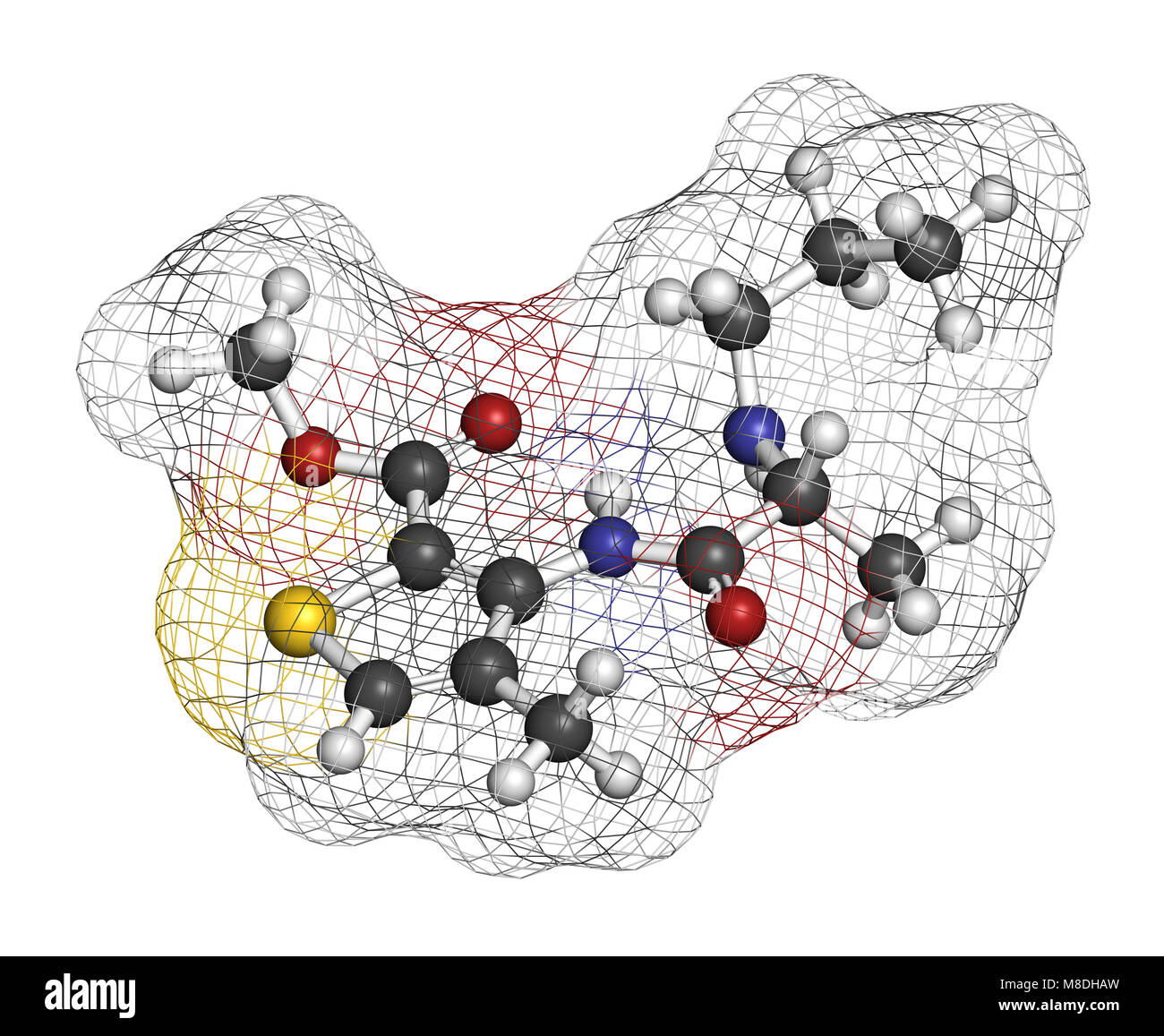 Articaine local anesthetic drug molecule. 3D rendering. Atoms are ...