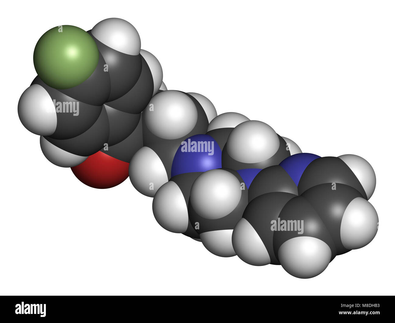 Azaperone antipsychotic drug molecule. 3D rendering. Atoms are ...
