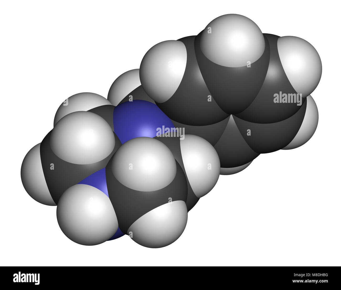 Benzylpiperazine (BZP) recreational drug molecule. 3D rendering. Atoms ...