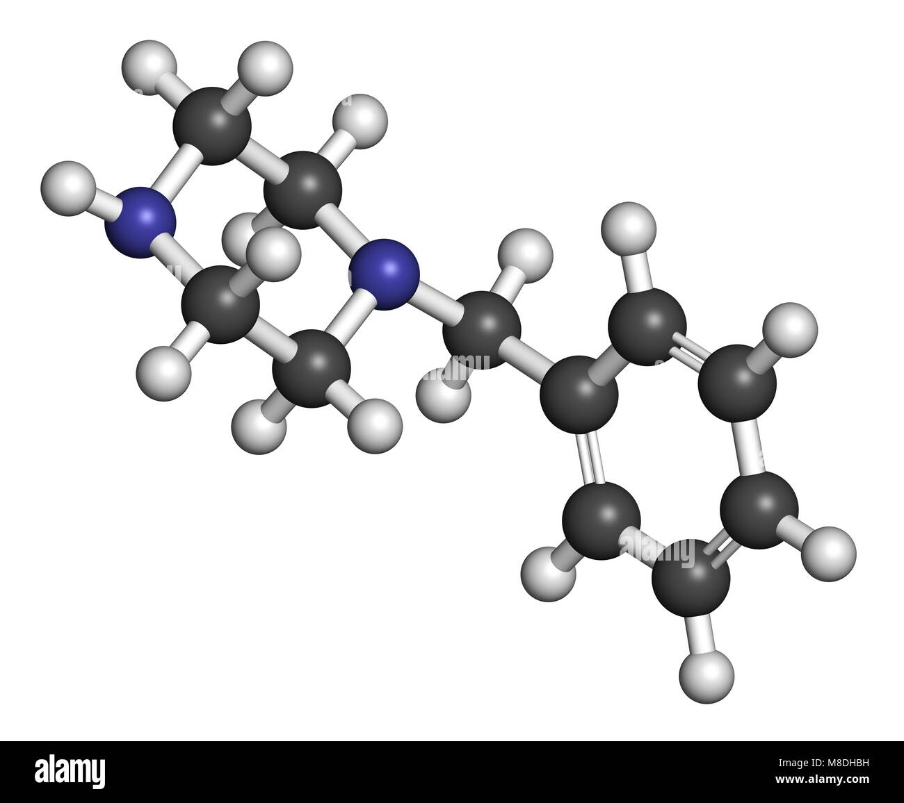Benzylpiperazine (BZP) recreational drug molecule. 3D rendering. Atoms ...