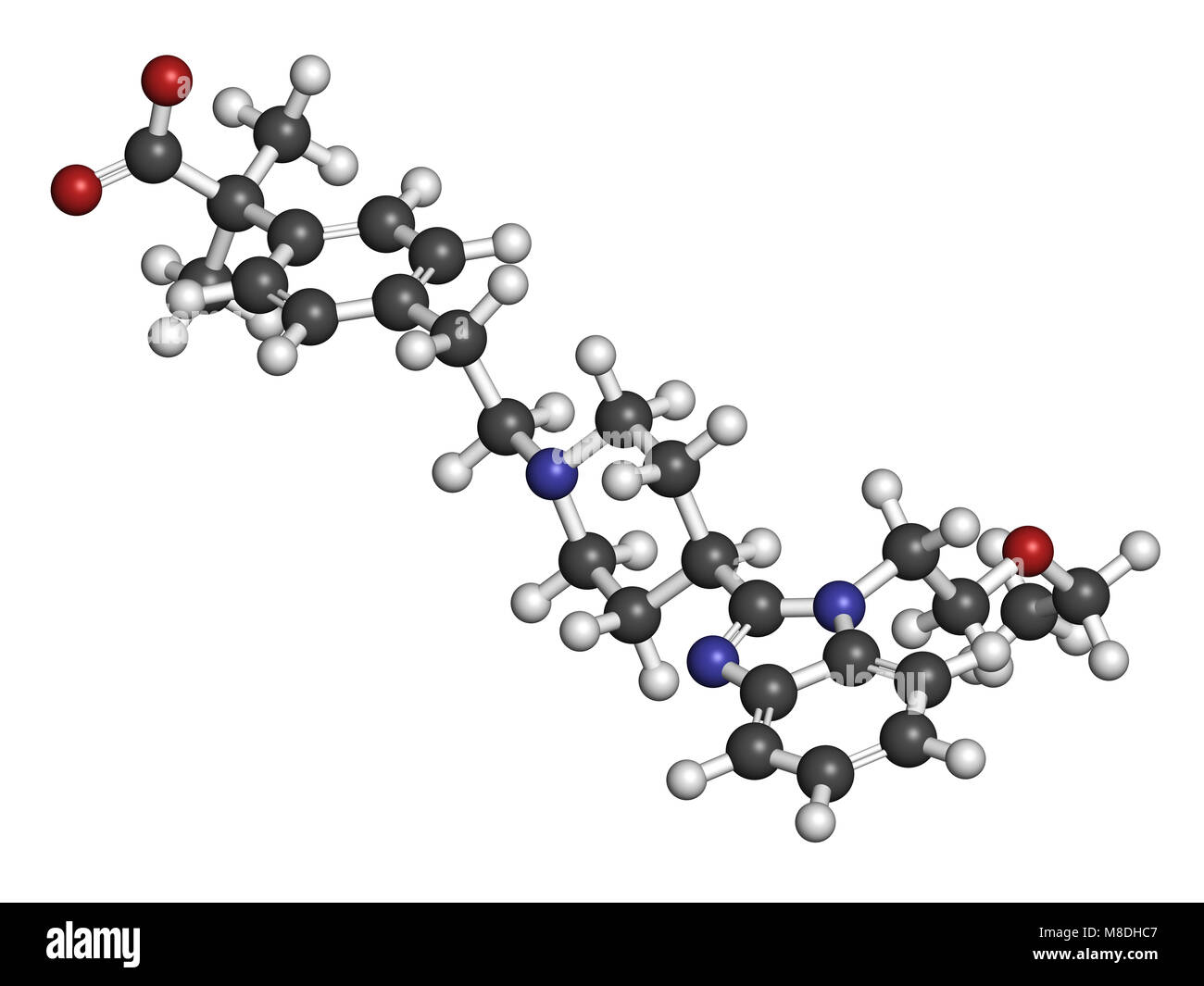 Bilastine antihistamine drug molecule. 3D rendering. Atoms are ...