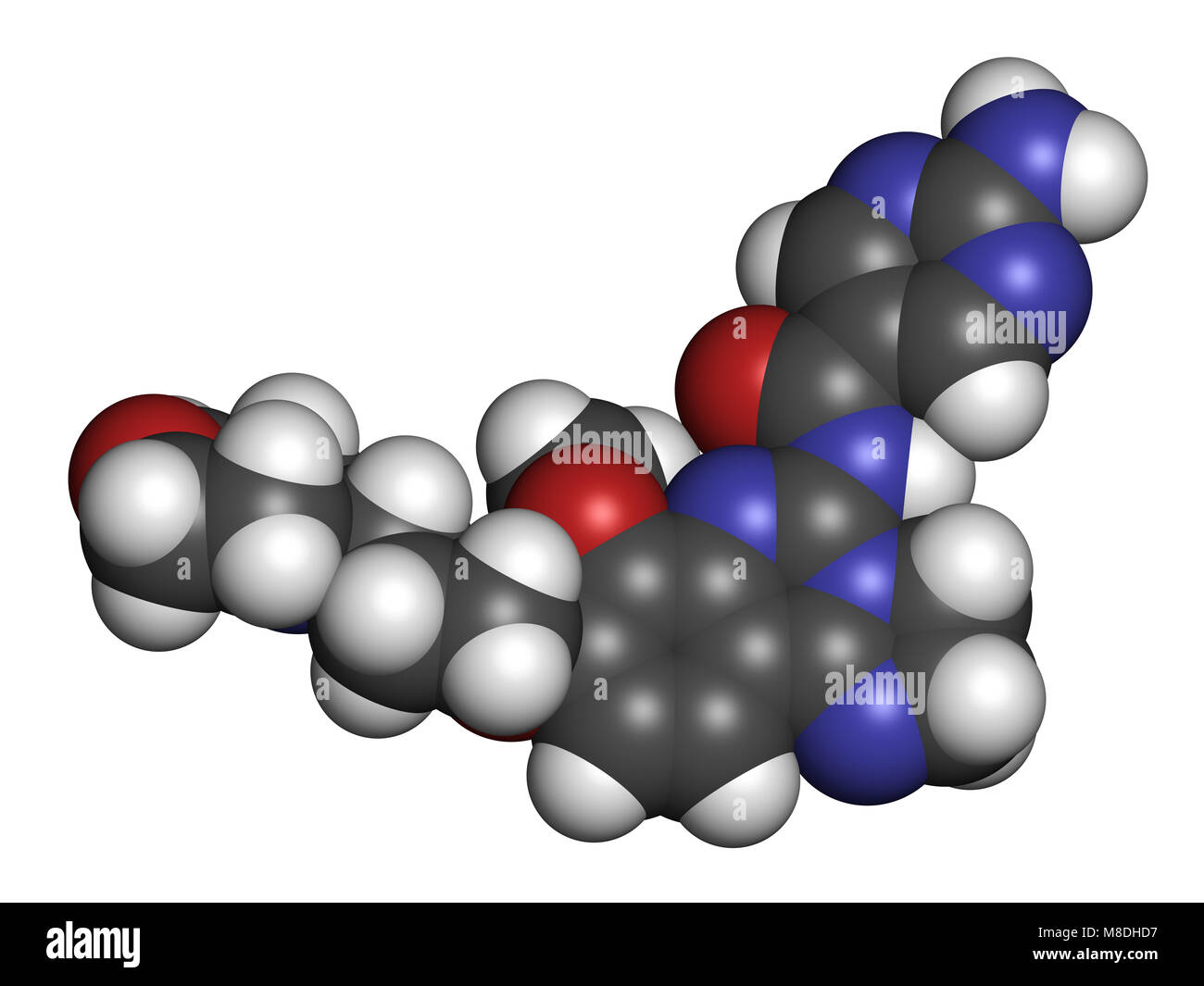 Copanlisib cancer drug molecule (PI3K inhibitor). 3D rendering. Atoms ...