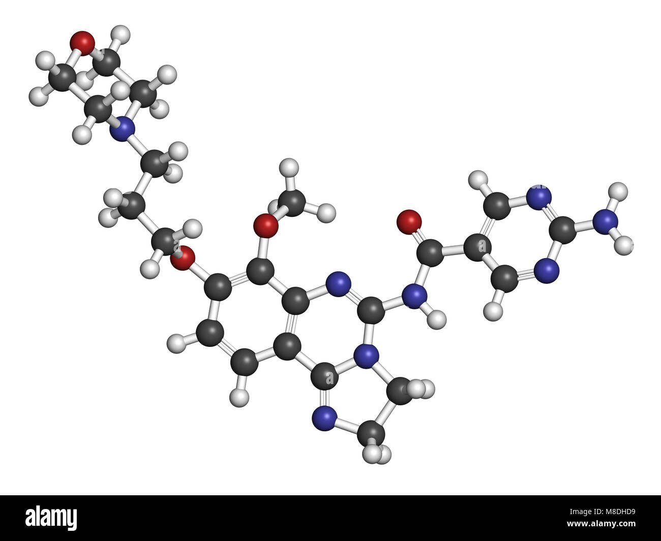 Copanlisib cancer drug molecule (PI3K inhibitor). 3D rendering. Atoms ...