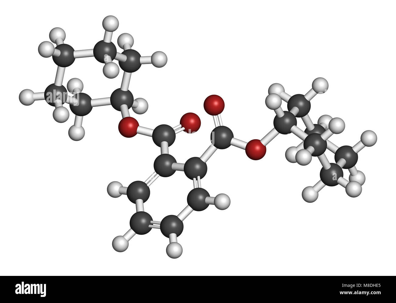Dicyclohexyl phthalate (DCP) plasticizer molecule. 3D rendering. Atoms ...