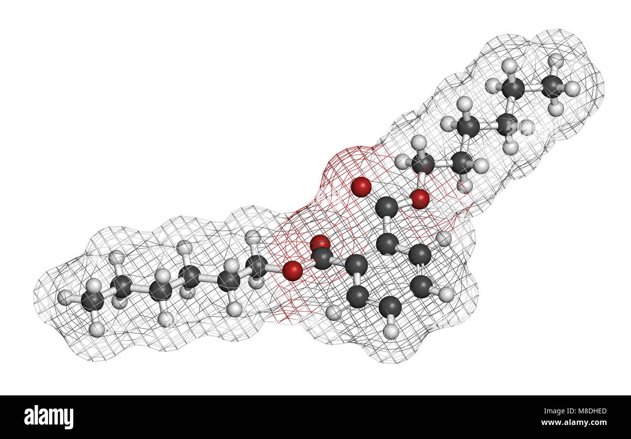 Di-n-hexyl phthalate (DNHP) plasticizer molecule. 3D rendering. Atoms ...