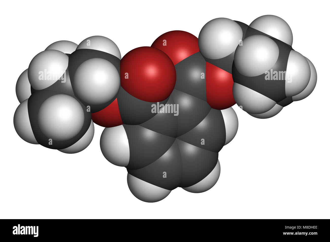Diisobutyl phthalate (DIBP) plasticizer molecule. 3D rendering. Atoms ...