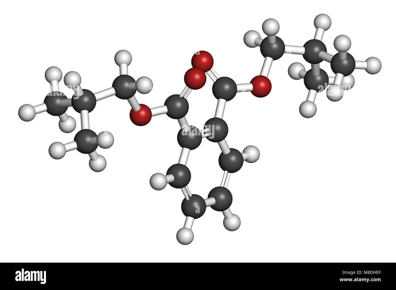 Diisobutyl phthalate (DIBP) plasticizer molecule. 3D rendering. Atoms ...