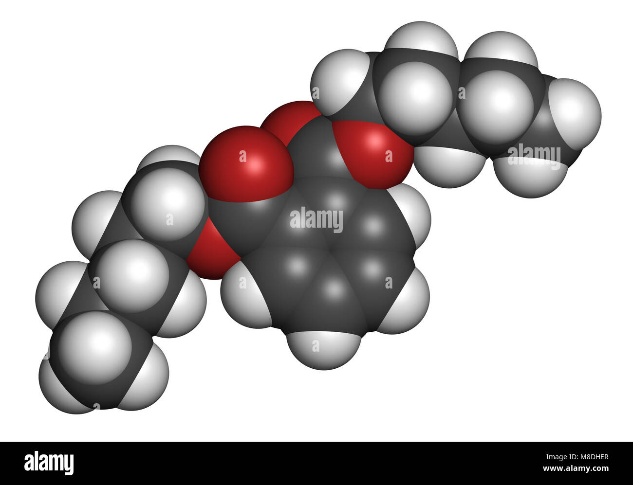 Di-n-pentyl phthalate (DNPP) plasticizer molecule. 3D rendering. Atoms ...