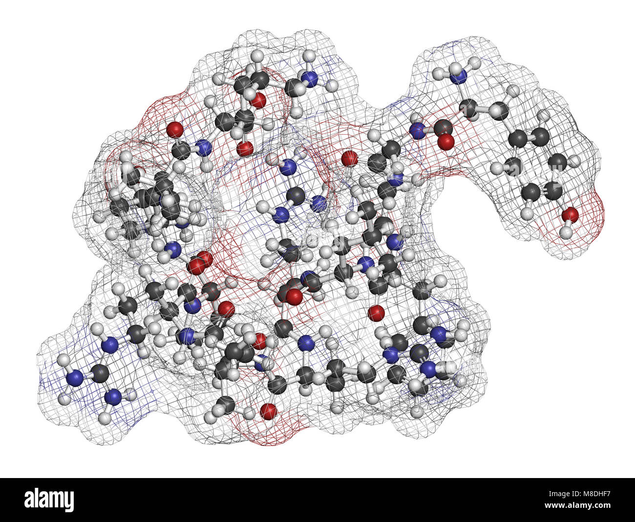 Dynorphin a endogenous opioid peptide molecule. 3D rendering. Atoms are ...