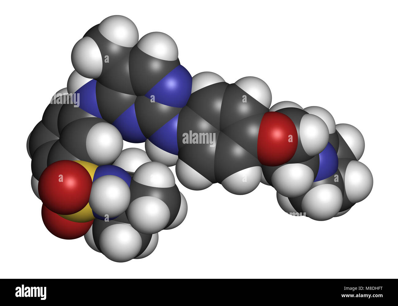 Fedratinib cancer drug molecule. 3D rendering. Atoms are represented as ...