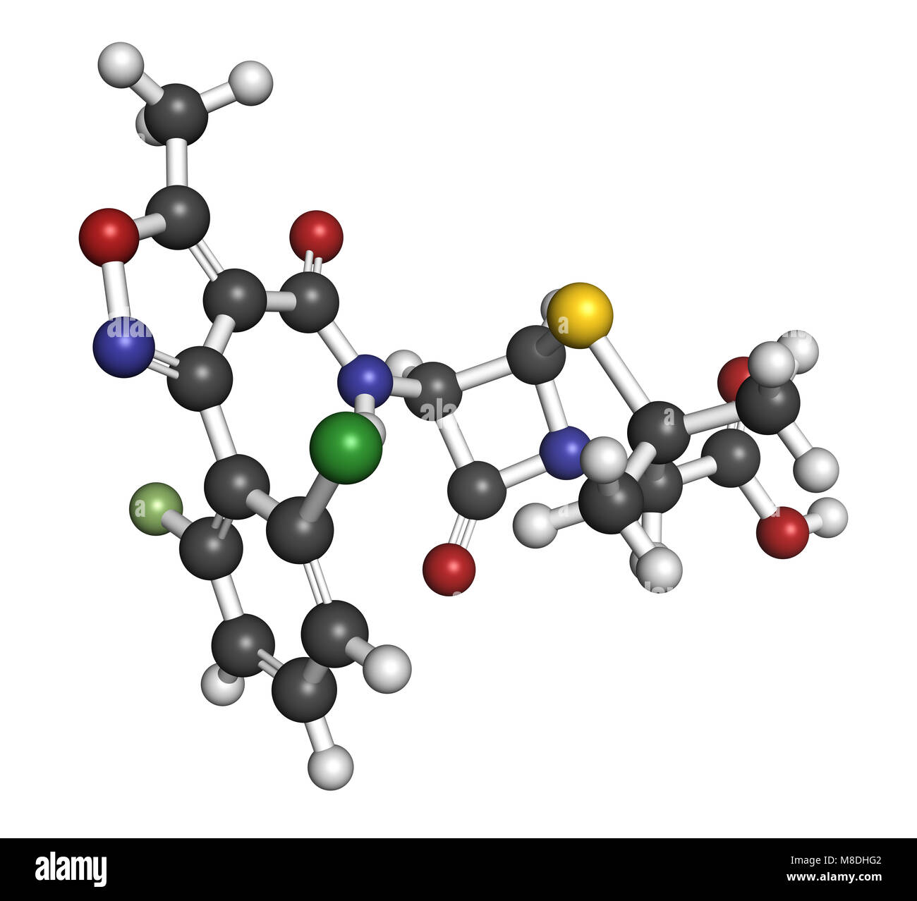 Flucloxacillin (floxacillin) antibiotic drug molecule. 3D rendering ...