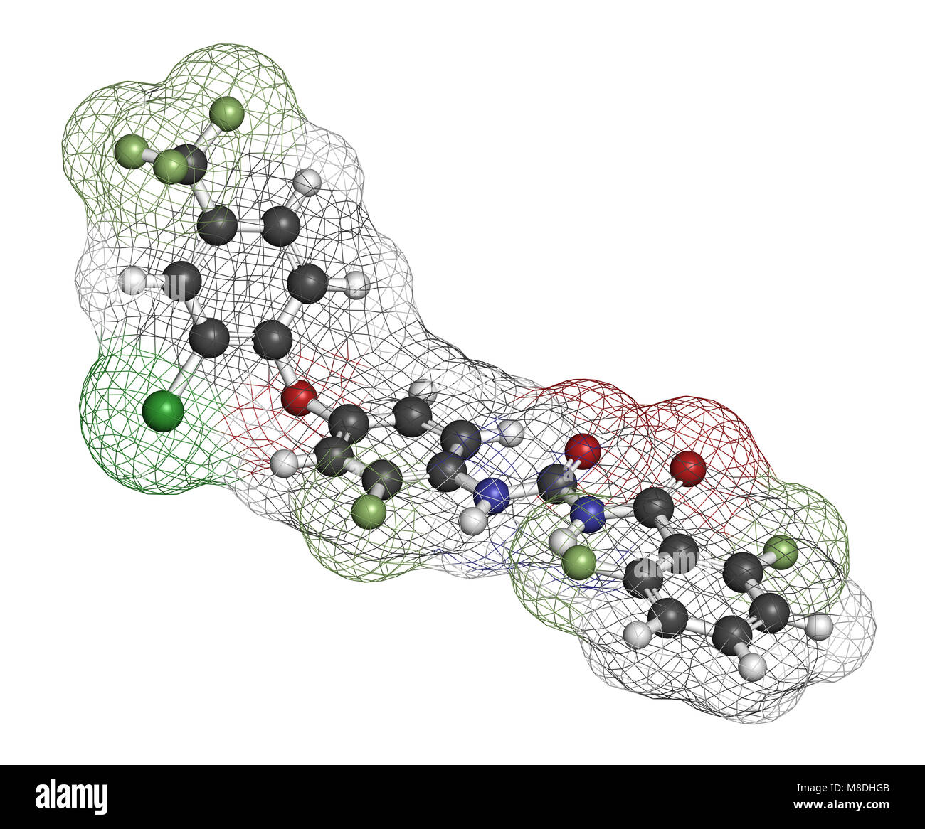 Flufenoxuron insecticide molecule. 3D rendering. Atoms are represented ...