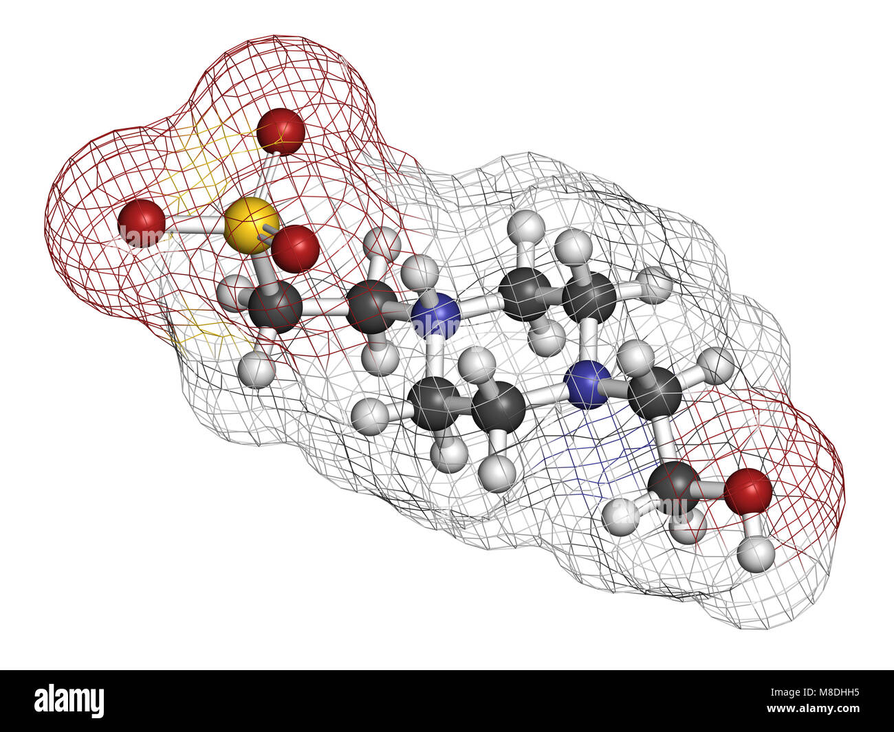 HEPES buffering agent molecule. 3D rendering. Atoms are represented as ...