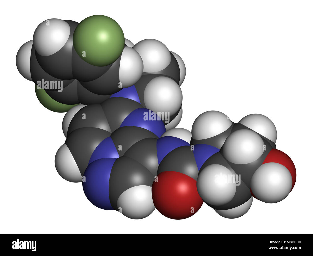 Larotrectinib cancer drug molecule. 3D rendering. Atoms are represented ...