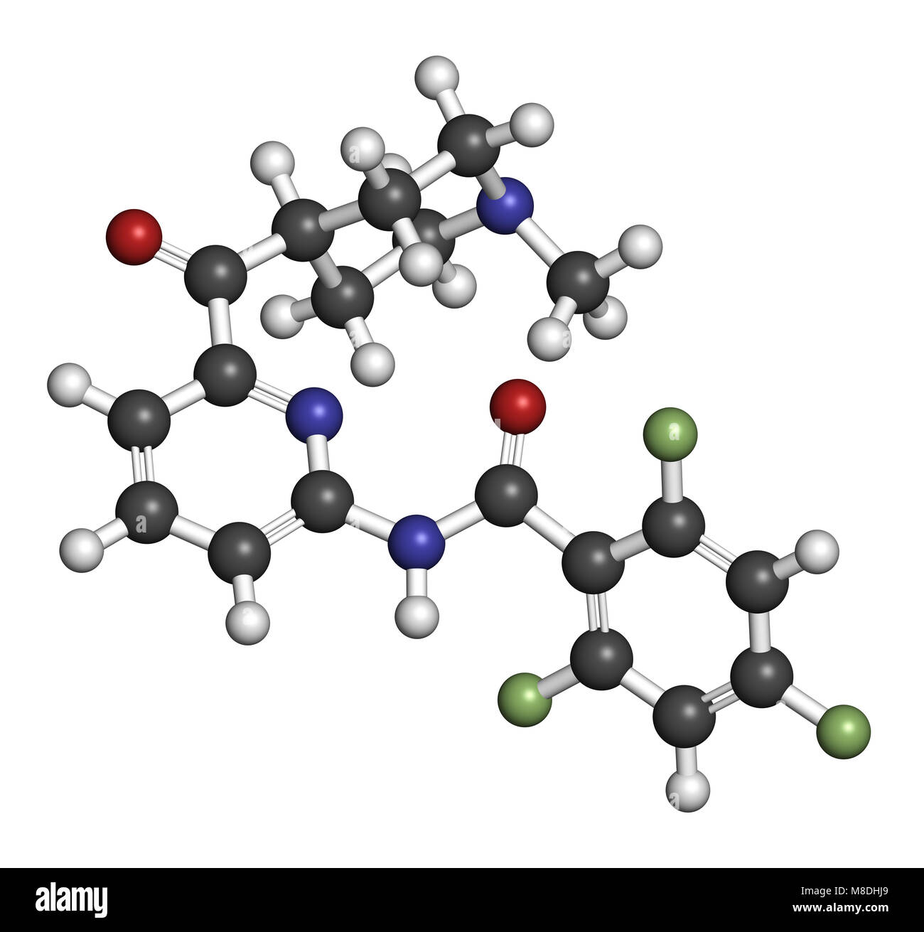 Lasmiditan migraine drug molecule. 3D rendering. Atoms are represented ...