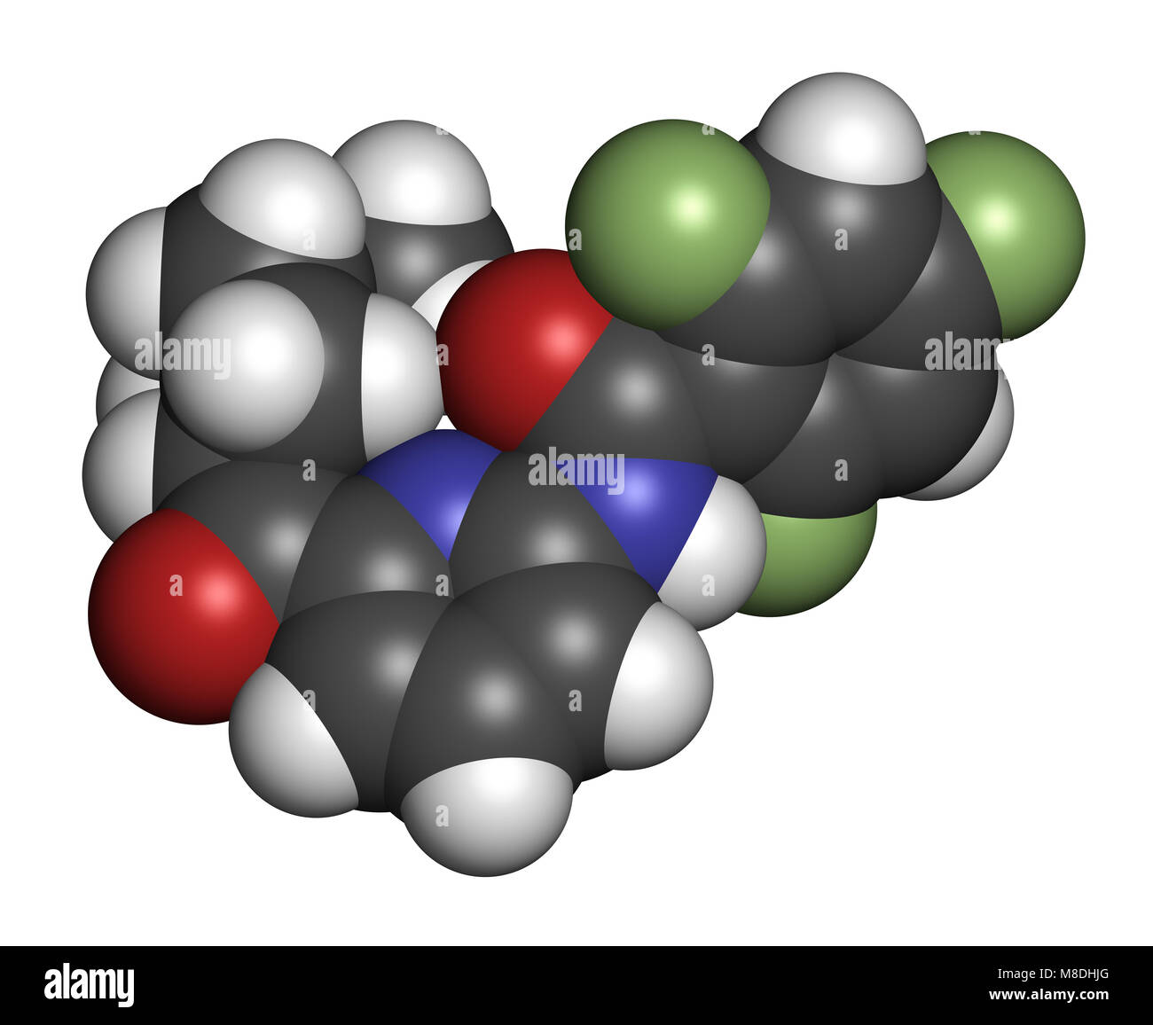 Lasmiditan migraine drug molecule. 3D rendering. Atoms are represented ...