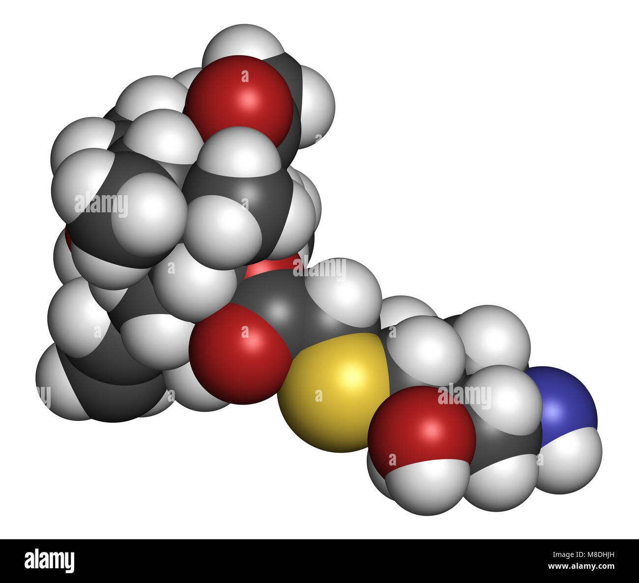 Lefamulin antibiotic drug molecule. 3D rendering. Atoms are represented ...