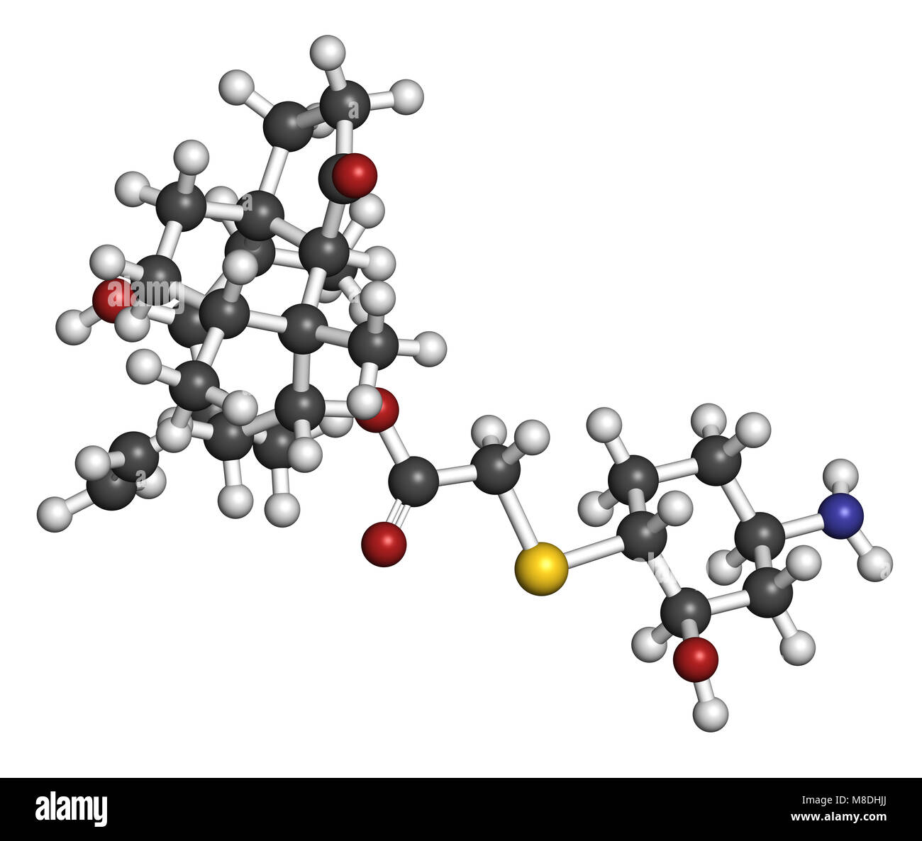 Lefamulin antibiotic drug molecule. 3D rendering. Atoms are represented ...