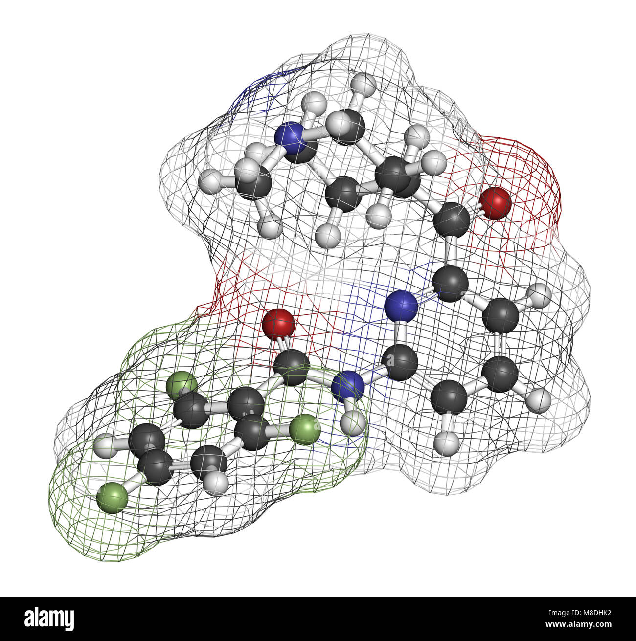 Lasmiditan migraine drug molecule. 3D rendering. Atoms are represented ...