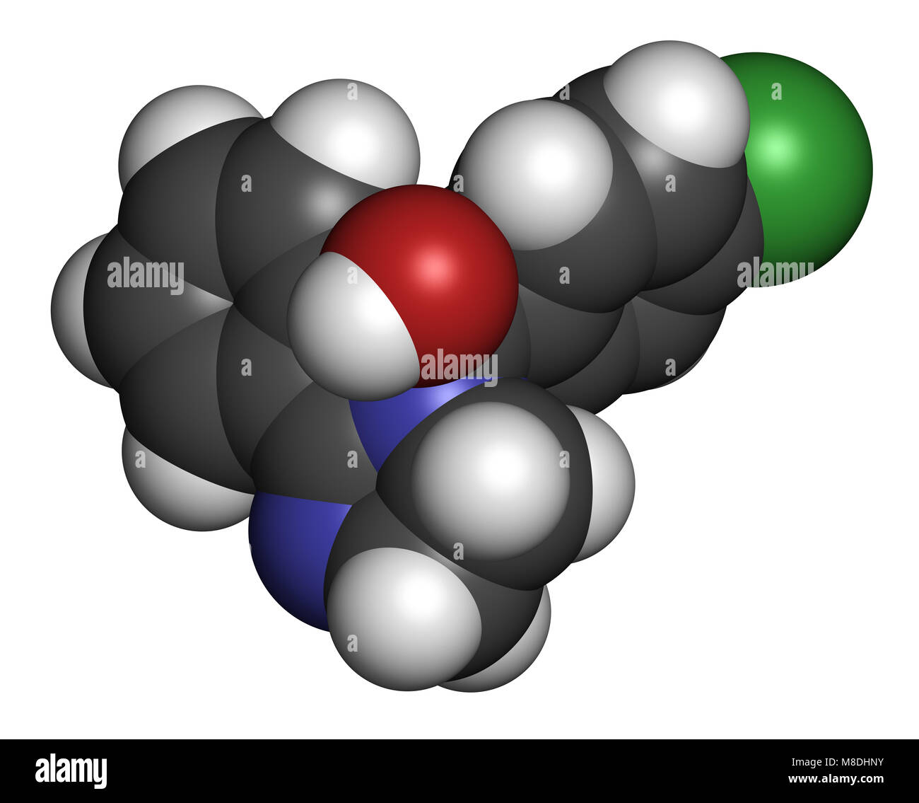 Mazindol appetite suppressant drug molecule. 3D rendering. Atoms are ...