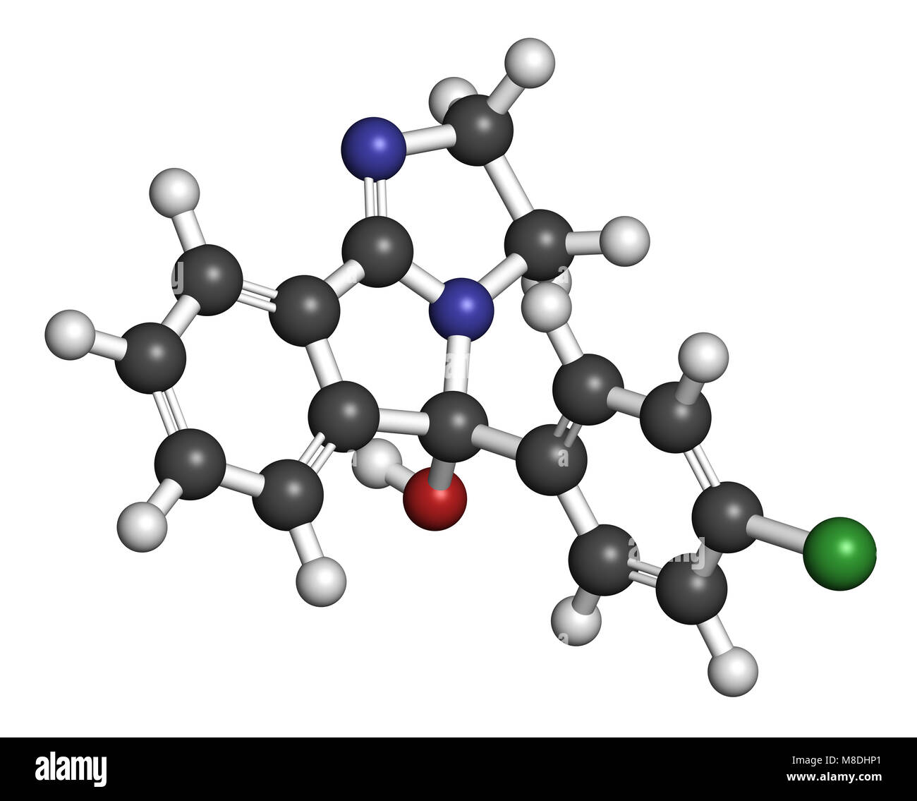 Mazindol appetite suppressant drug molecule. 3D rendering. Atoms are ...