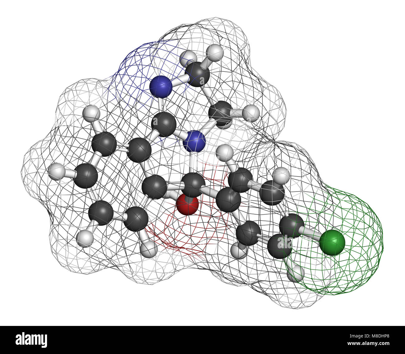 Mazindol appetite suppressant drug molecule. 3D rendering. Atoms are ...