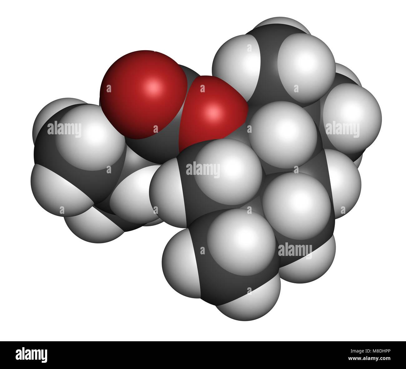 Menthyl isovalerate drug molecule. 3D rendering. Atoms are represented ...
