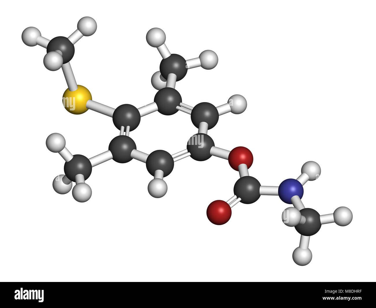 Methiocarb pesticide molecule. 3D rendering. Atoms are represented as ...