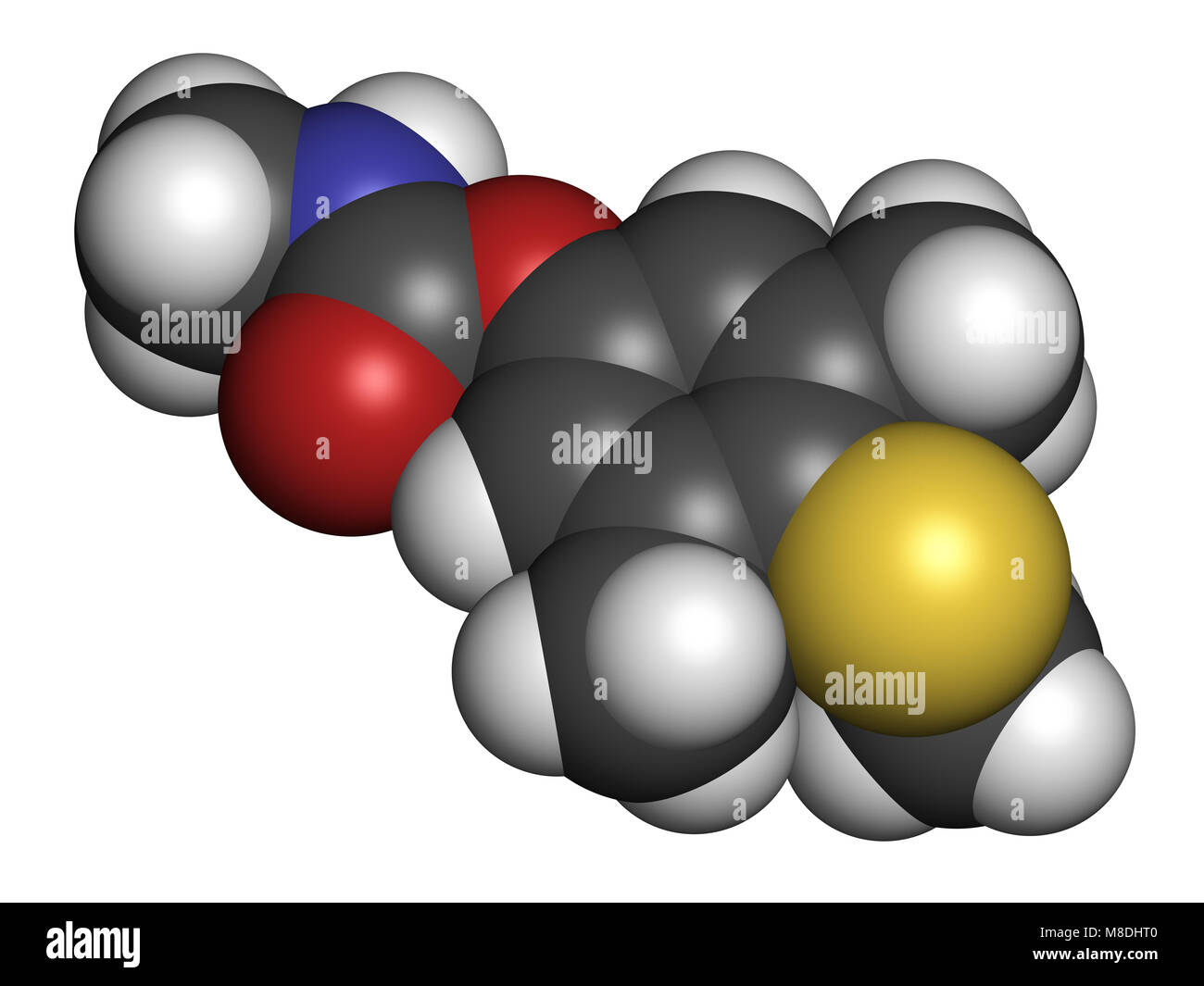 Methiocarb pesticide molecule. 3D rendering. Atoms are represented as ...