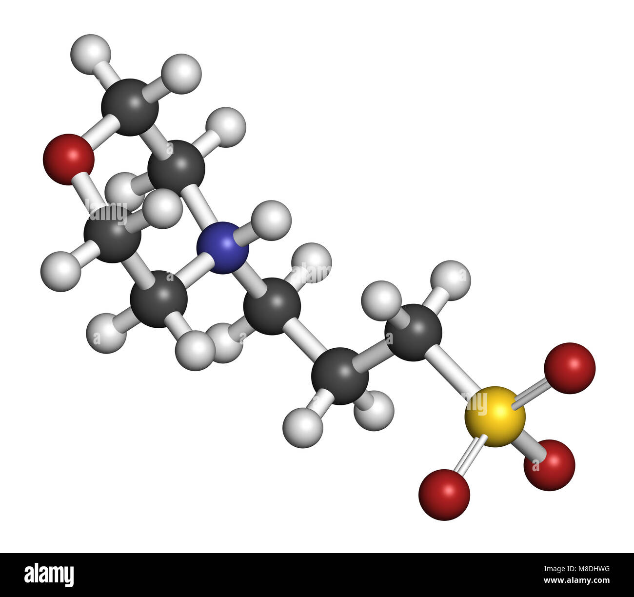 MOPS buffering agent molecule. 3D rendering. Atoms are represented as ...
