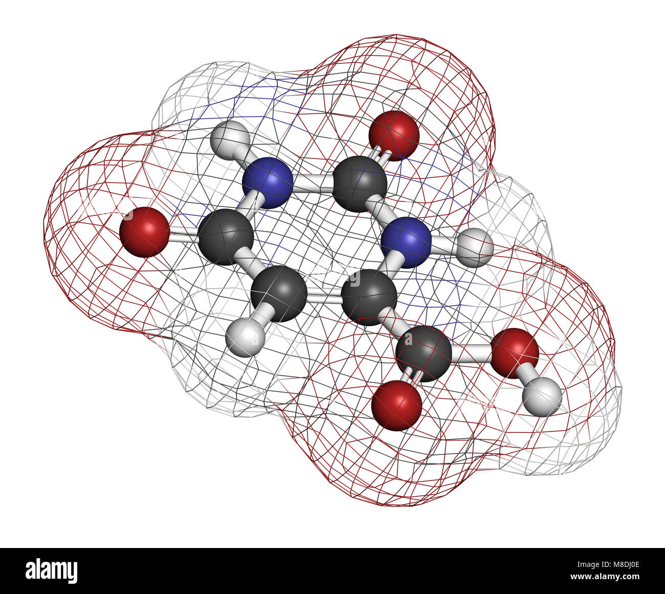 Orotic acid molecule. 3D rendering. Atoms are represented as spheres ...
