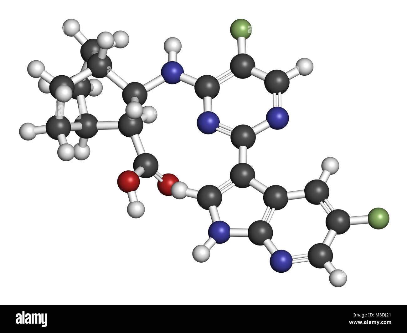 Pimodivir influenza drug molecule. 3D rendering. Atoms are represented ...