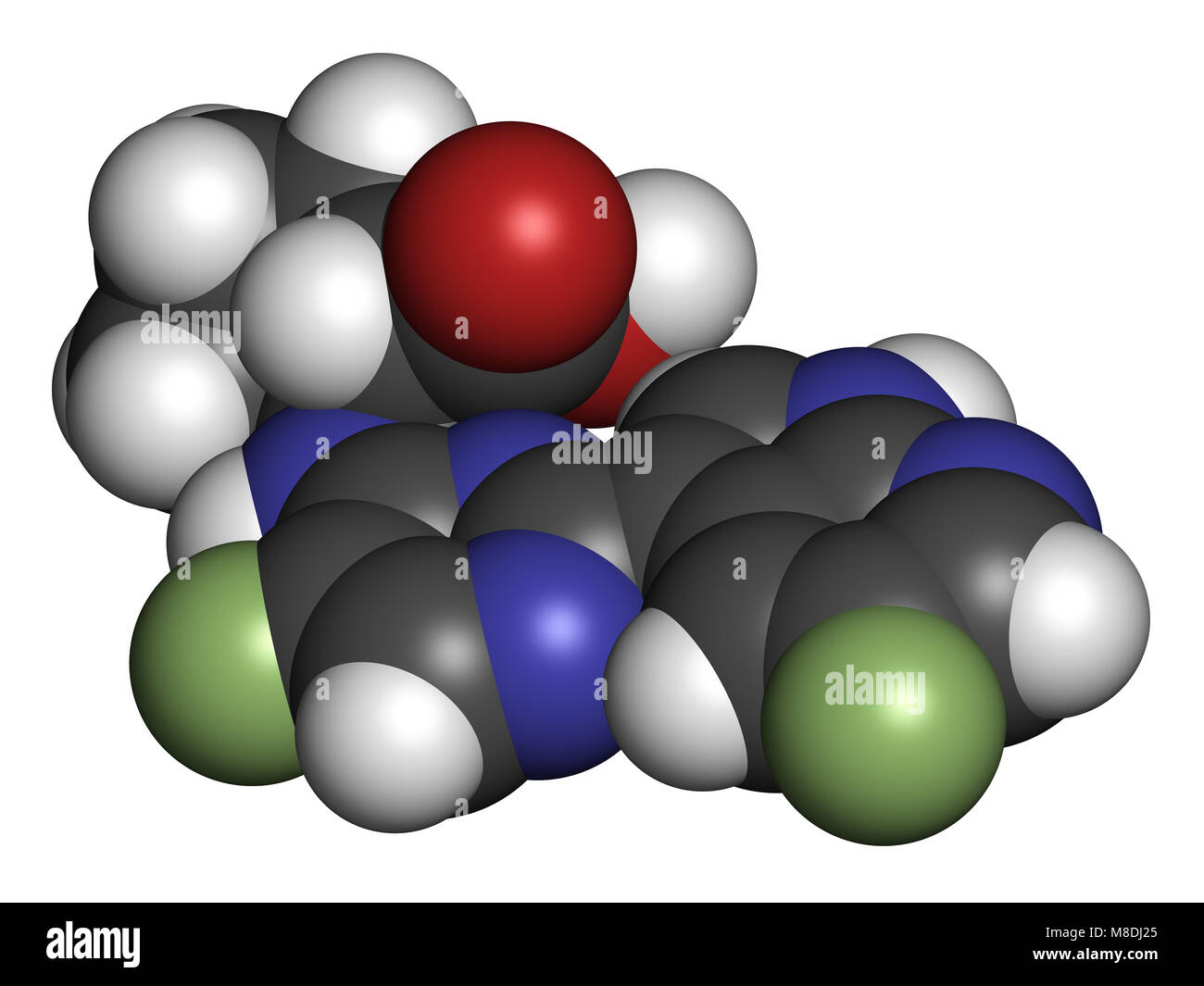 Pimodivir influenza drug molecule. 3D rendering. Atoms are represented ...