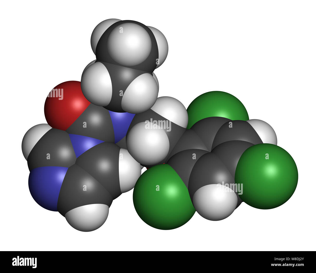 Prochloraz fungicide molecule. 3D rendering. Atoms are represented as ...
