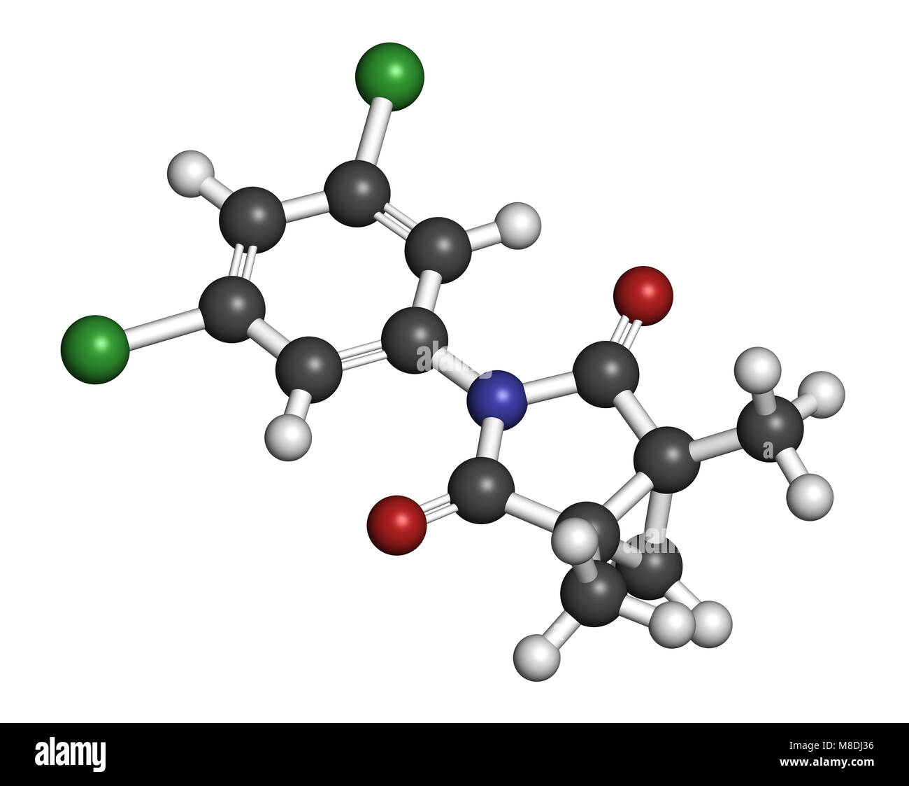 Procymidone pesticide molecule. 3D rendering. Atoms are represented as ...