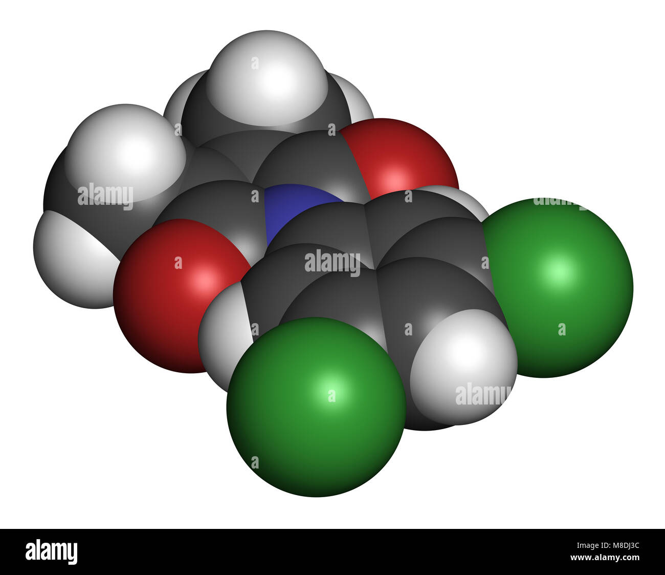 Procymidone pesticide molecule. 3D rendering. Atoms are represented as ...