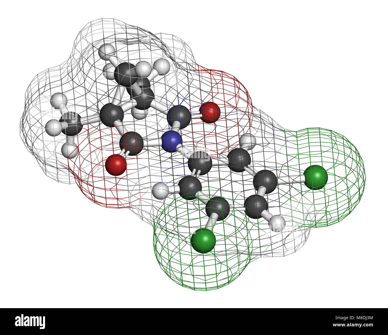 Procymidone pesticide molecule. 3D rendering. Atoms are represented as ...