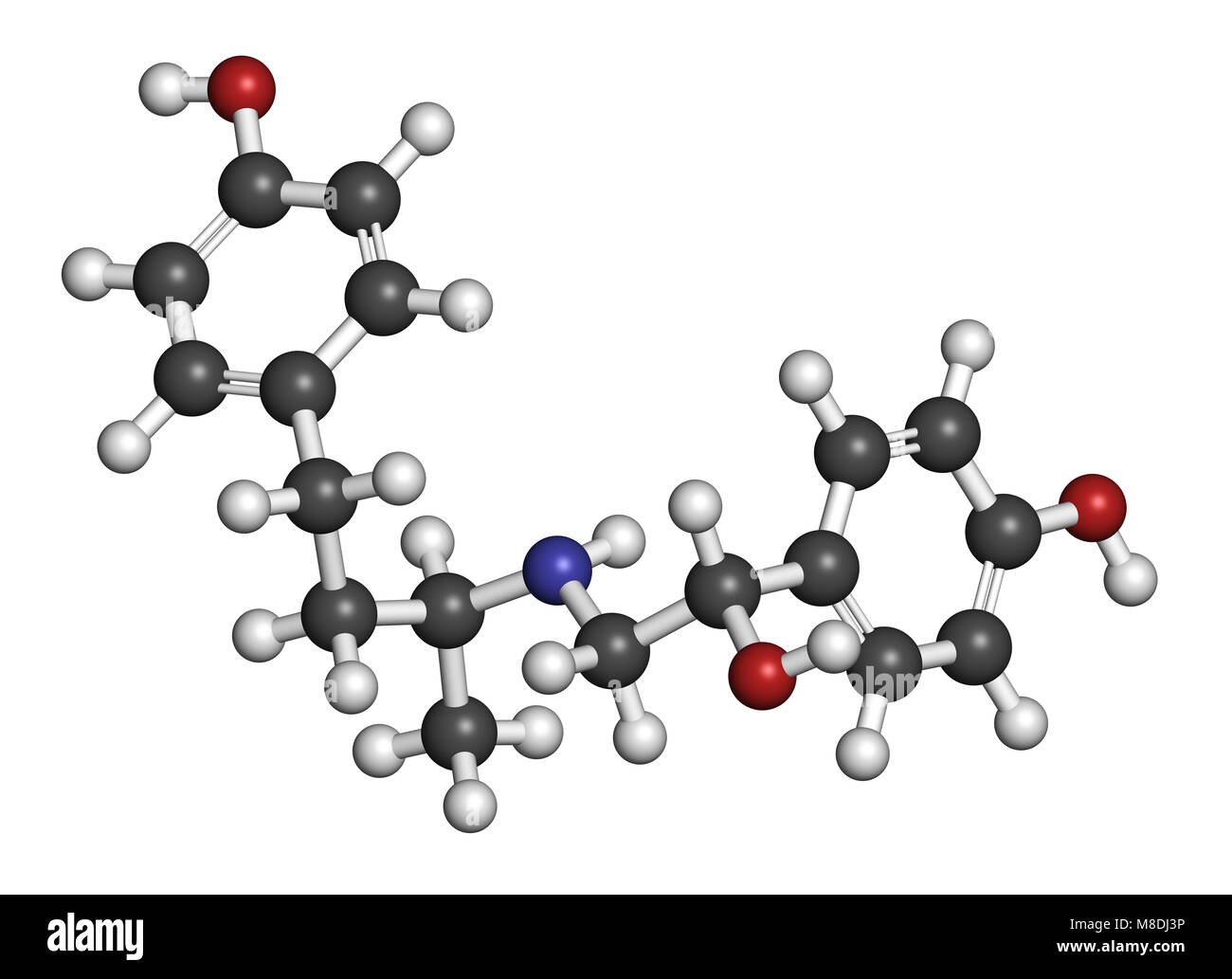 Ractopamine feed additive molecule. 3D rendering. Atoms are represented ...