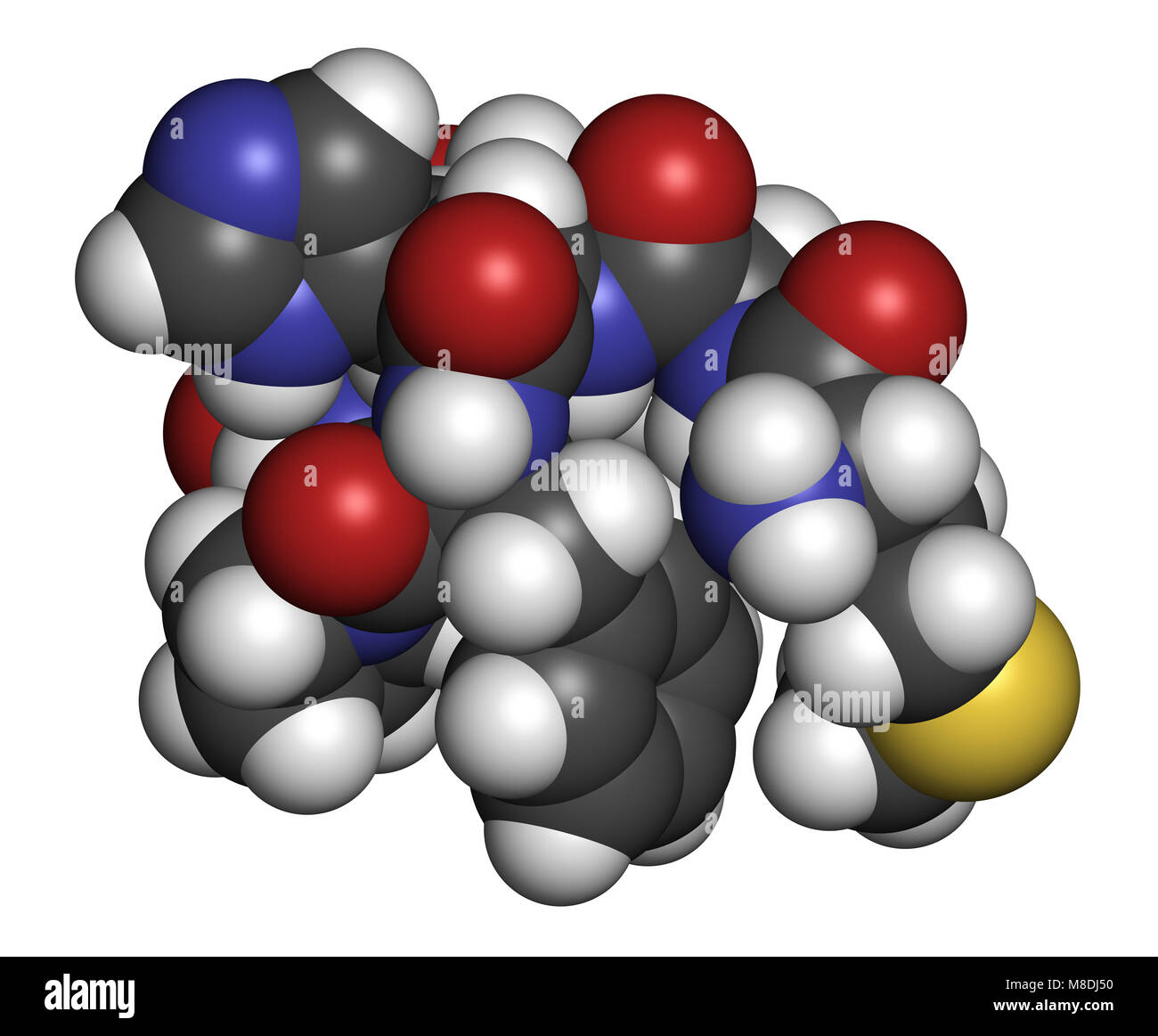 Semax peptide drug molecule. 3D rendering. Atoms are represented as ...