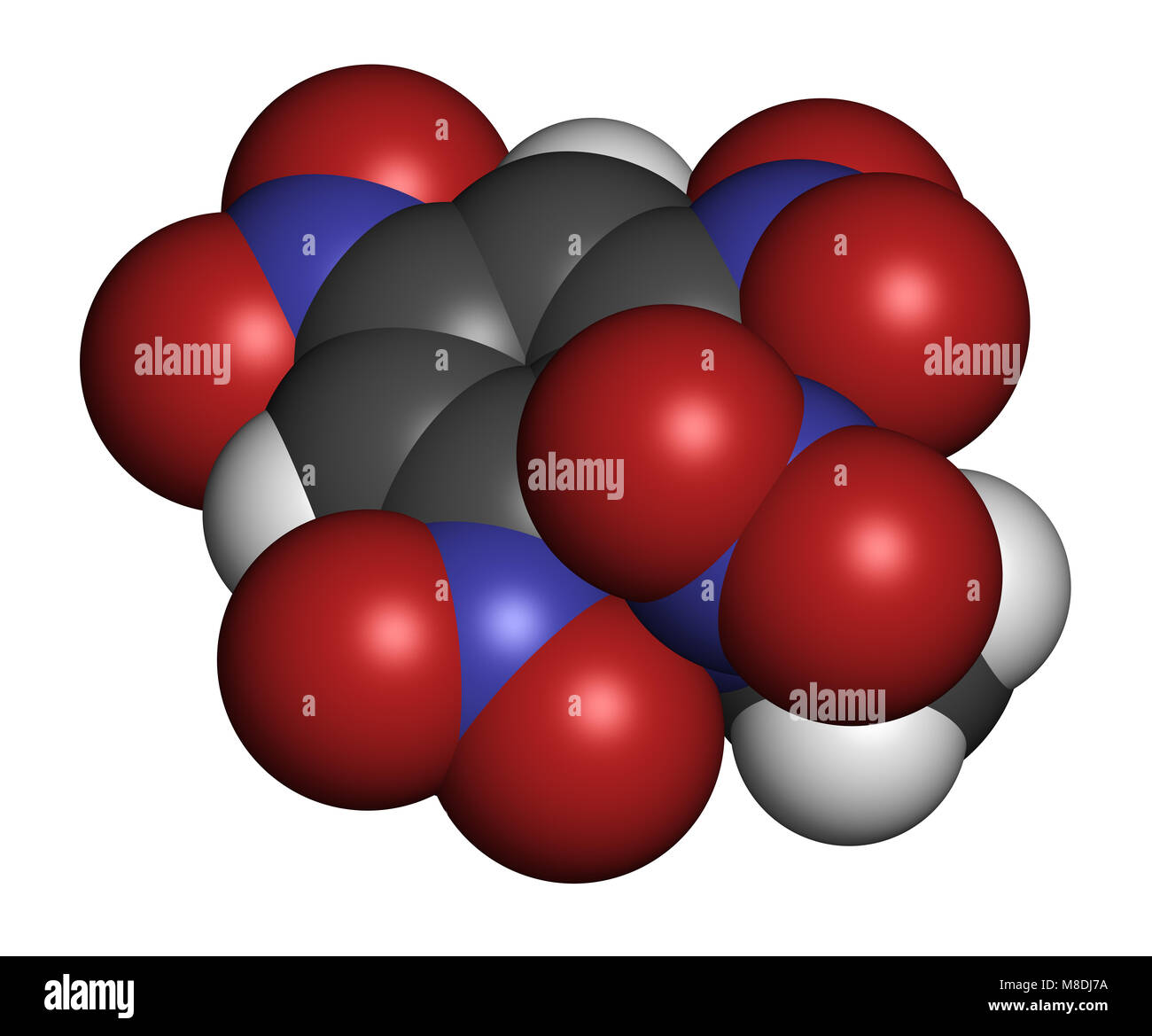 Tetryl explosive molecule. 3D rendering. Atoms are represented as ...
