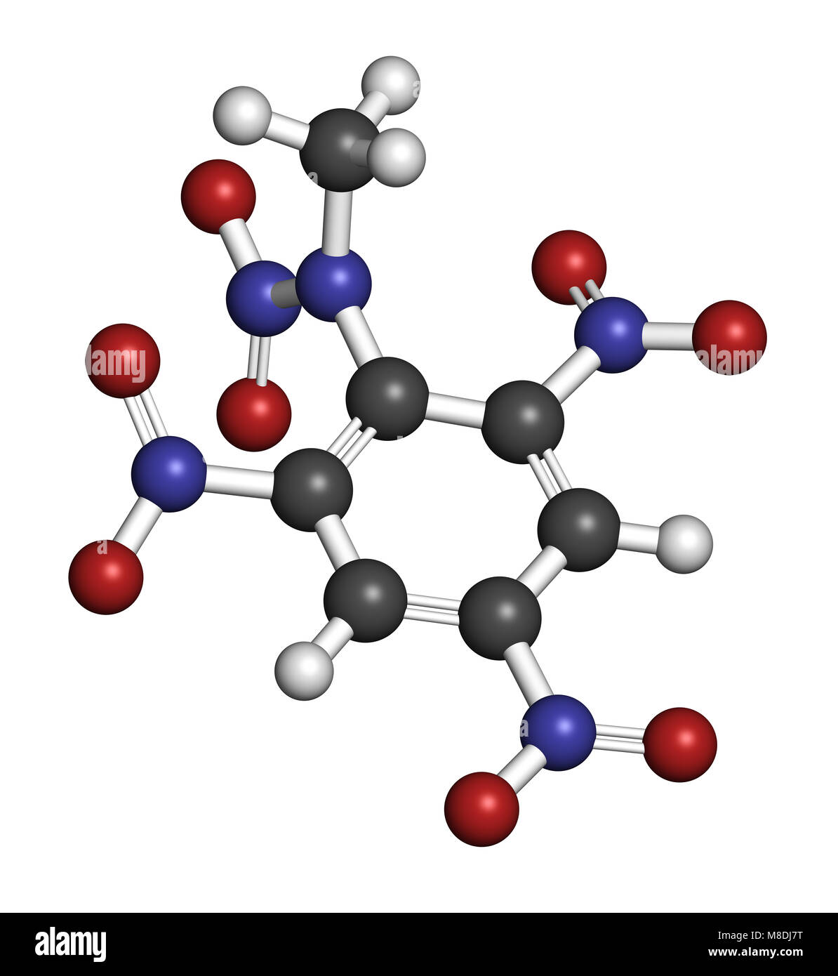 Tetryl explosive molecule. 3D rendering. Atoms are represented as ...