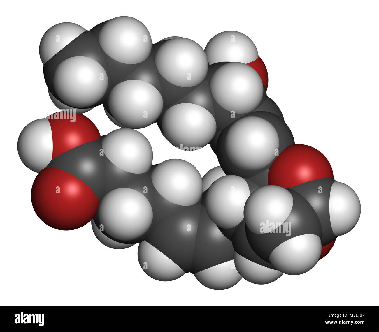 Thromboxane A2 (TXA2) molecule. 3D rendering. Atoms are represented as ...