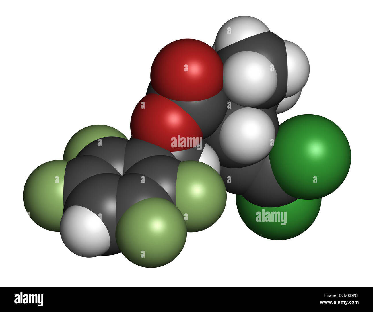Transfluthrin insecticide molecule. 3D rendering. Atoms are represented ...