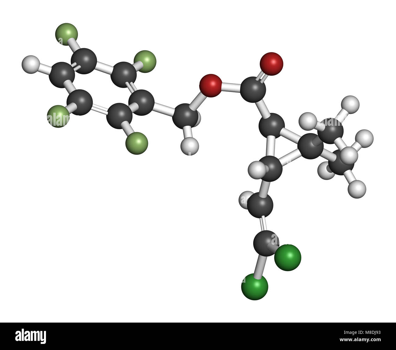 Transfluthrin insecticide molecule. 3D rendering. Atoms are represented ...