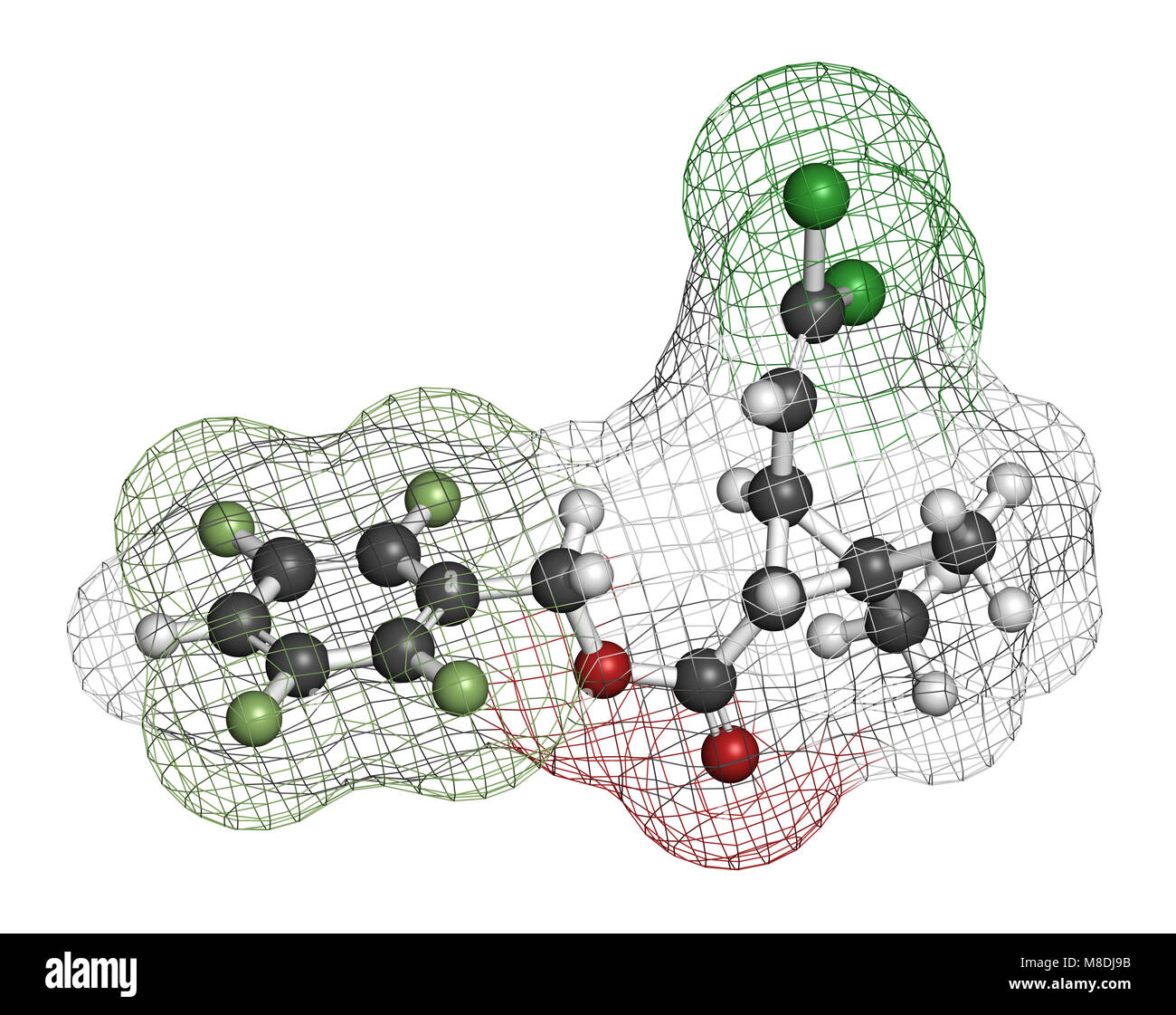 Transfluthrin insecticide molecule. 3D rendering. Atoms are represented ...
